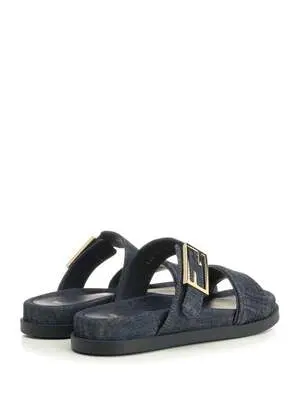 Fendi Flat Denim Slides With Ff Baguette Buckle