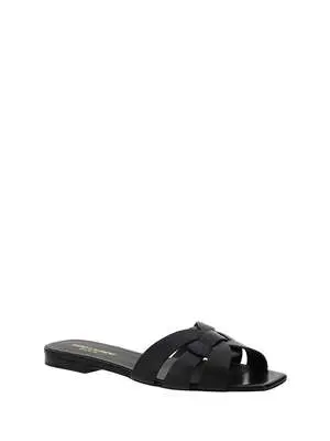Saint Laurent Woven Leather Square Toe Flat Sandals - Black