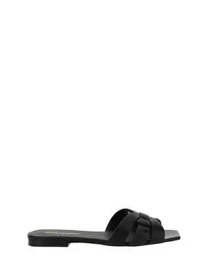 Saint Laurent Woven Leather Square Toe Flat Sandals - Black