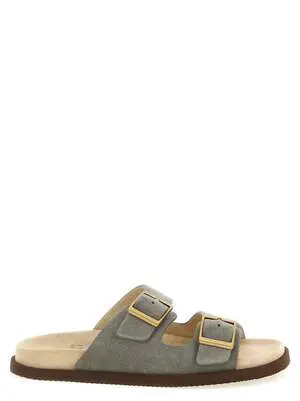 Brunello Cucinelli Suede Urban Slides With Metal Buckles