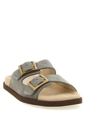 Brunello Cucinelli Suede Urban Slides With Metal Buckles