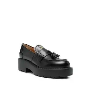 Miu Miu Embossed Logo Leather Loafers - Black