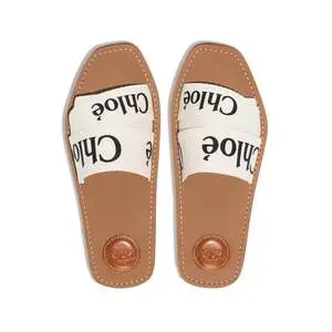 Chloé White Logo Print Flat Slides