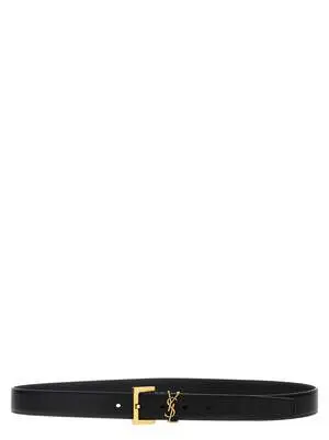 Saint Laurent Cassandre Leather Belt With Logo Buckle - Black