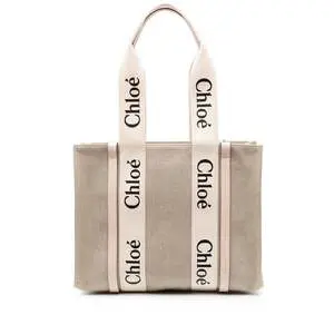 Chloé Linen Woody Tote Bag With Leather Trim - Cream