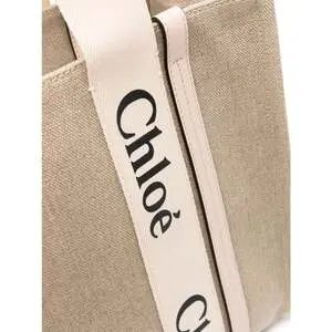 Chloé Linen Woody Tote Bag With Leather Trim - Cream