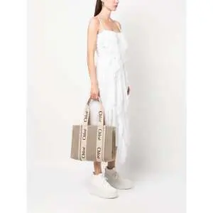 Chloé Linen Woody Tote Bag With Leather Trim - Cream