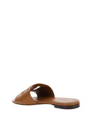 Dolce & Gabbana Embossed Logo Leather Flat Sandals - Brown