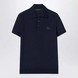 Gucci Dark Wool Knit Polo With Gg Embroidery