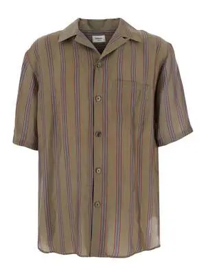 Saint Laurent Boxy Strips Shirt With Collar And Long Sleeves In Brown For