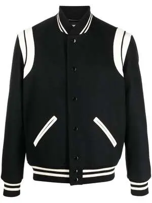 Saint Laurent Teddy" Wool Bomber Jacket With Leather Accents - Black