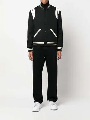 Saint Laurent Teddy" Wool Bomber Jacket With Leather Accents - Black
