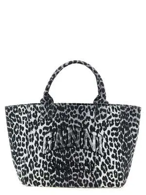 GANNI Leopard Print Embroidered Medium Tote Bag - Gray
