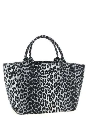 GANNI Leopard Print Embroidered Medium Tote Bag - Gray