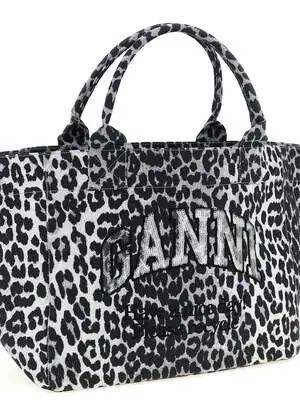 GANNI Leopard Print Embroidered Medium Tote Bag - Gray