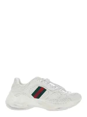 Gucci White Leather Low Top Sneakers With Perforated Design And Web Detail - Multicolor