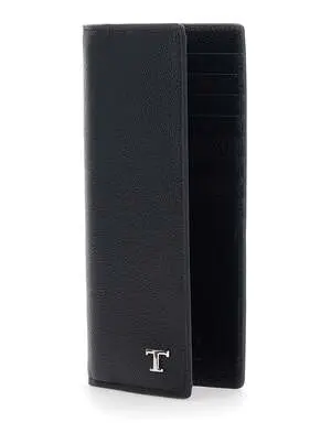 TOD'S Vertical Wallet With Logo Plate On The Front In Black Hammered Leather For