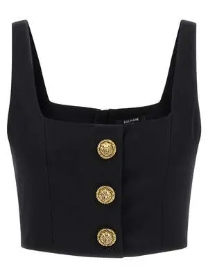 Balmain Cropped Wool Top With 'leone Doppia Catena' Buttons - Black
