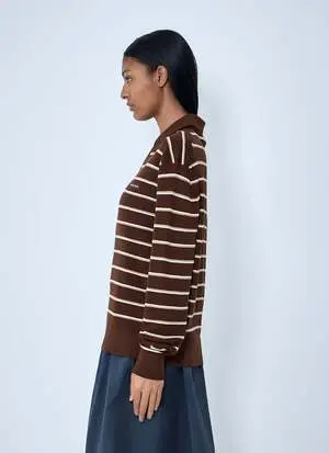 Miu Miu Striped Fine Knit V-neck Polo Sweater - Brown