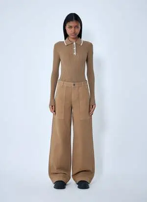 Moncler Ribbed Knit Collared Long Sleeve Top - Brown