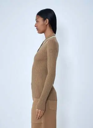 Moncler Ribbed Knit Collared Long Sleeve Top - Brown