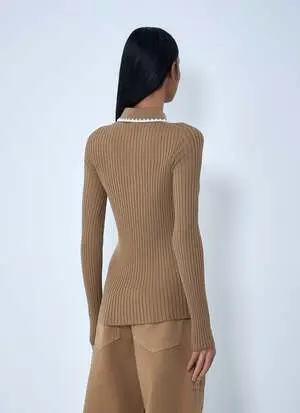 Moncler Ribbed Knit Collared Long Sleeve Top - Brown