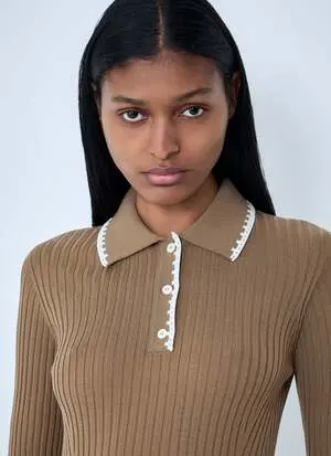 Moncler Ribbed Knit Collared Long Sleeve Top - Brown
