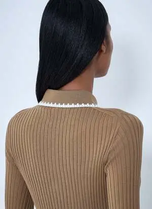 Moncler Ribbed Knit Collared Long Sleeve Top - Brown