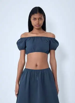 Miu Miu Miu Miu Off-Shoulder Gathered Puff Sleeve Cropped Top Gray