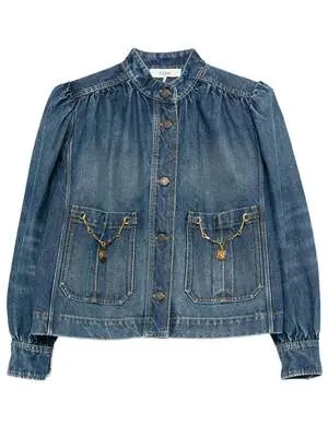 Chloé High-neck Gathered Denim Jacket - Blue