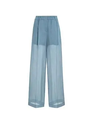 Brunello Cucinelli Wide Leg Cotton Organza Trousers With Monili Embroidery - Blue