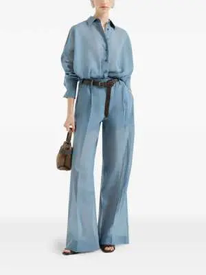 Brunello Cucinelli Wide Leg Cotton Organza Trousers With Monili Embroidery - Blue