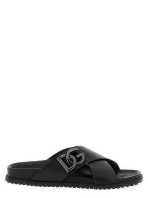 Dolce & Gabbana Calf Leather Slides With Dg Logo - Black