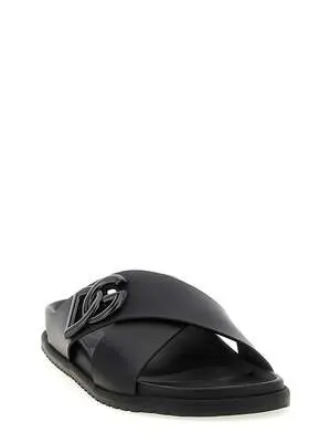 Dolce & Gabbana Calf Leather Slides With Dg Logo - Black