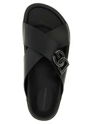 Dolce & Gabbana Calf Leather Slides With Dg Logo - Black