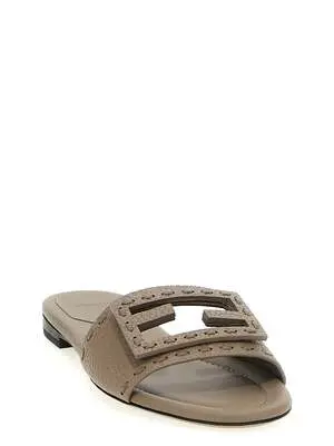 Fendi Baguette Leather Slides With Ff Logo - Gray