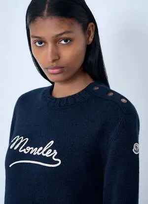 Moncler Embroidered Logo Wool Blend Sweater - Black