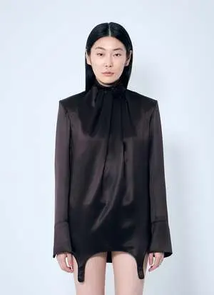 Saint Laurent Twist-neck Garter Blouse In Silk Satin - Brown
