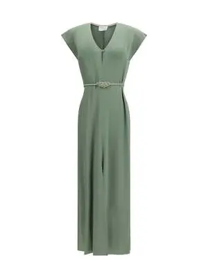 FORTE_FORTE Long Kaftan Dress With V-neck And Belt - Green