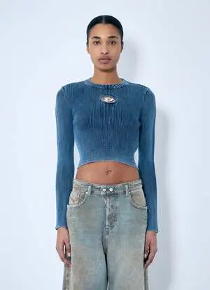 DIESEL® Ribbed Crewneck Long Sleeve Top With Logo Plaque