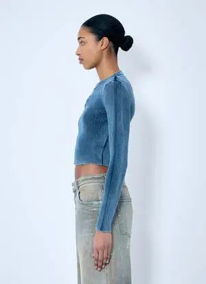 DIESEL® Ribbed Crewneck Long Sleeve Top With Logo Plaque