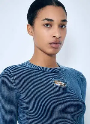 DIESEL® Ribbed Crewneck Long Sleeve Top With Logo Plaque