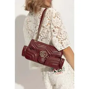 Gucci Cardinal Leather Chevron Quilted Shoulder Bag With Double G Logo