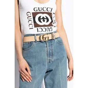 Gucci Leather Maxi Gg Canvas Reversible Belt With Interlocking G Buckle