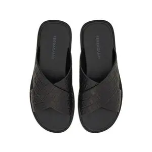 FERRAGAMO Embossed Monogram Leather Crossover Strap Sandals