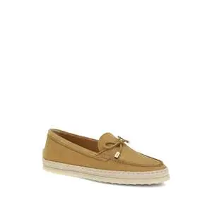 TOD'S Raffia Trim Bow Detail Loafers - Cream