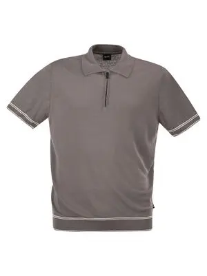 BOSS Boss Men Linen And Viscose Polo Shirt With Zip And Contrast Trims Gray