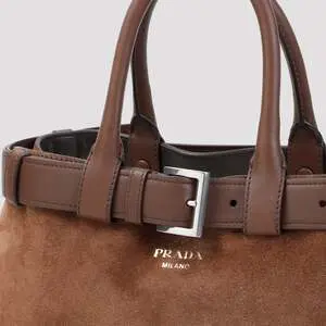 Prada Suede Buckle Medium Handbag - Brown