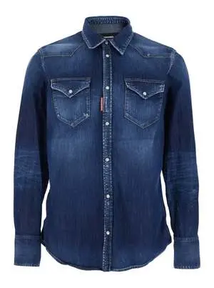 Dsquared2 Blue Shirt With Classic Collar And Two Front Pockets In Denim For - Multicolor