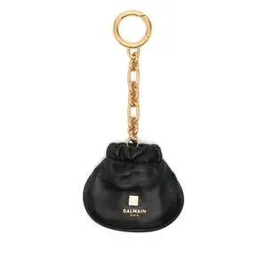 Balmain Leather Pouch Keychain With Gold-tone Chain - Black